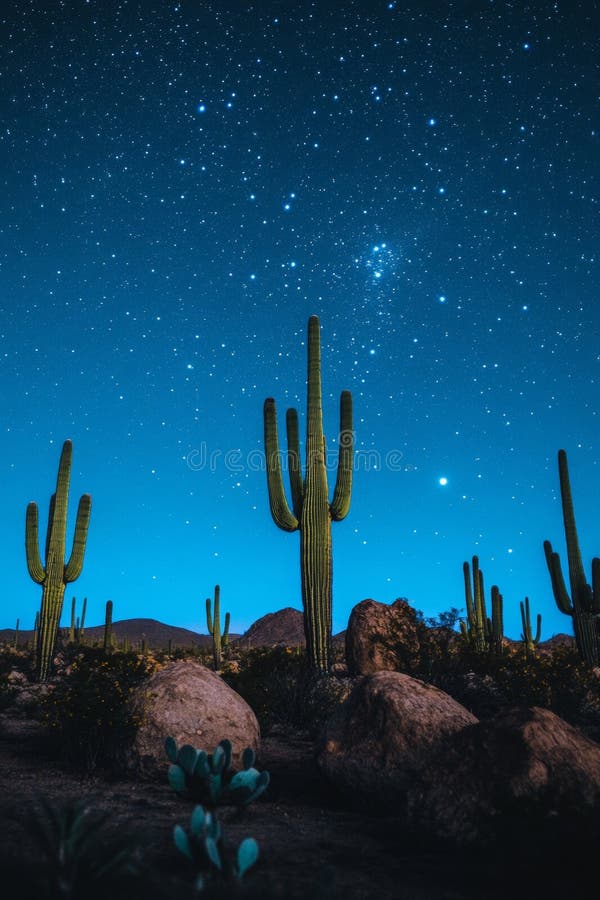 Serene Desert Evening Illuminated Cacti and Rocks Under a Starry Sky S ...