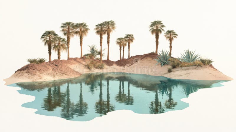 Serene Desert Island Oasis with Palm Trees and Still Water Reflection ...