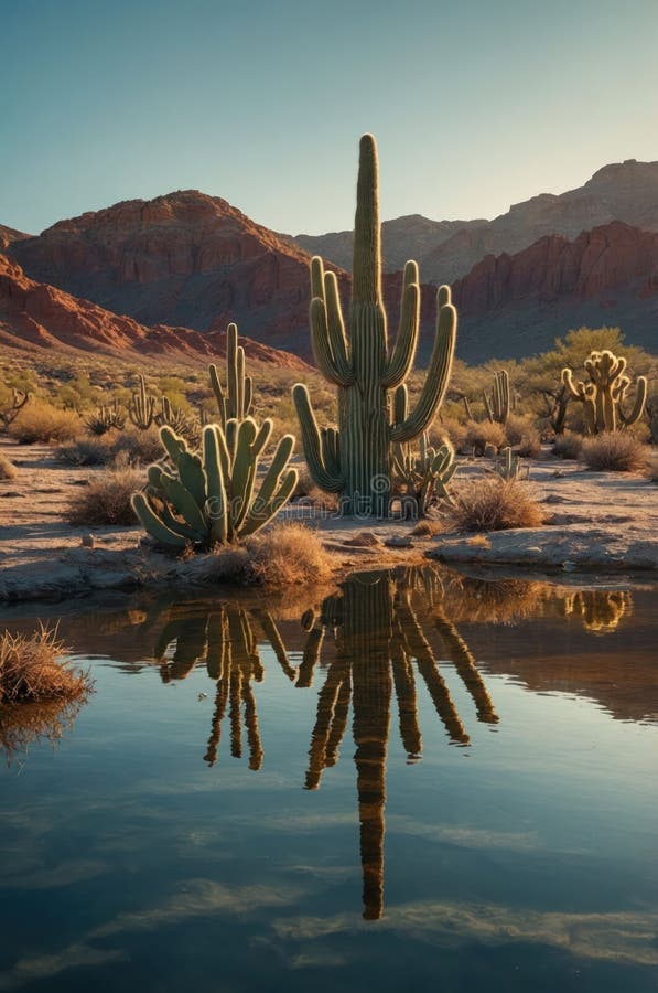 Majestic Saguaro Cactus Reflection in Desert Oasis at Sunset Stock ...