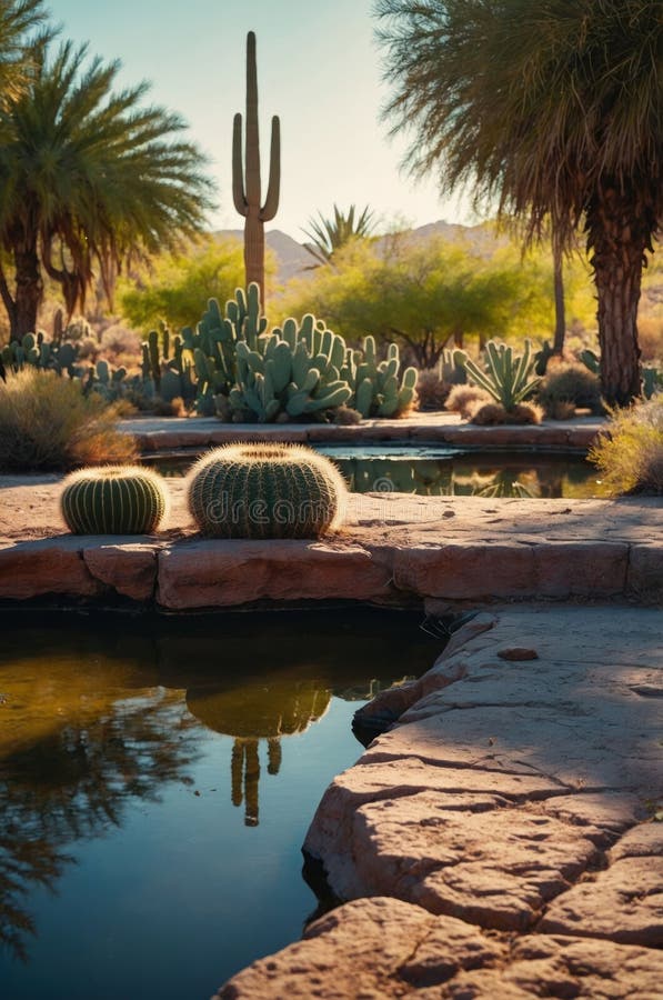 Serene Desert Oasis: Giant Saguaro Cactus and Barrel Cacti Reflecting ...