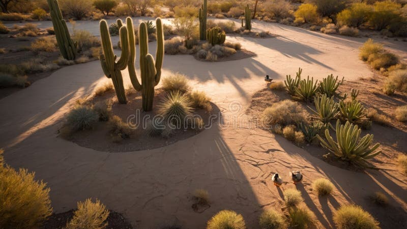 Golden Hour Desert Landscape with Cactus and Ducks Stock Illustration ...
