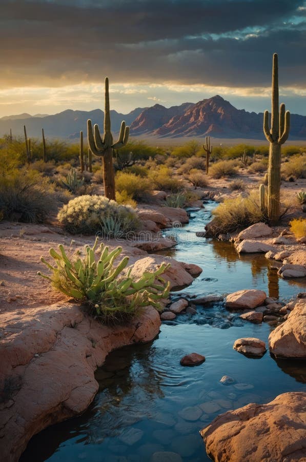 Serene Sunset Stream in the Arizona Desert with Majestic Saguaro Cacti ...