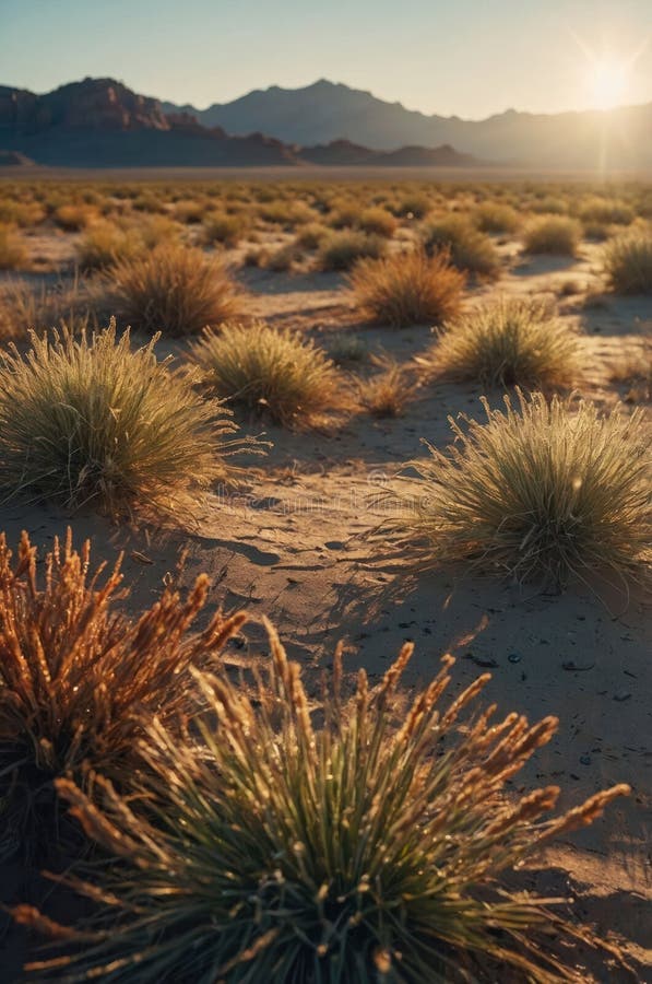 Golden Hour Desert Grass Landscape: Sunlit Desert Plants and Mountains ...