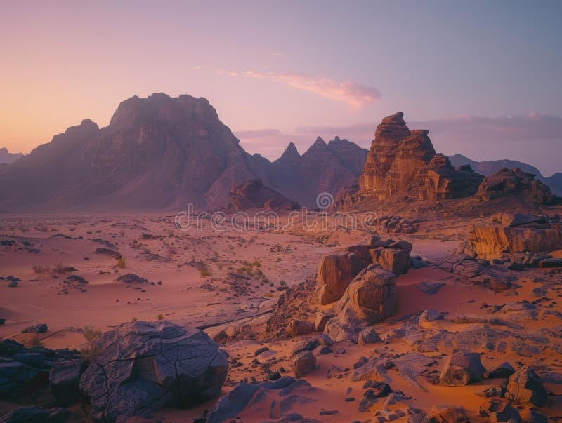 A Serene Desert Landscape Featuring Rocks and Sand in the Foreground ...