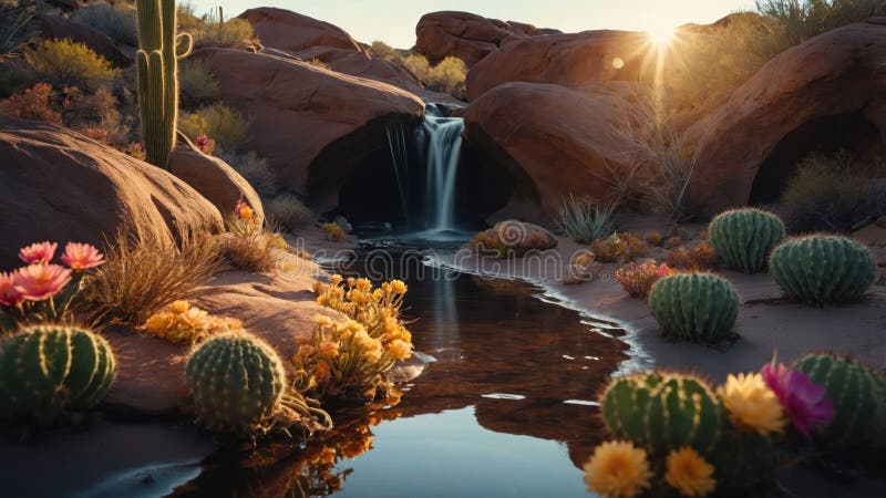 Serene Sunset Waterfall in Arizona Desert Oasis with Blooming Cacti ...