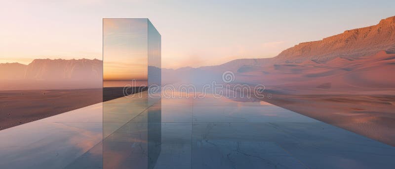 Serene Desert Landscape with Reflective Mirrored Structure at Sunset ...