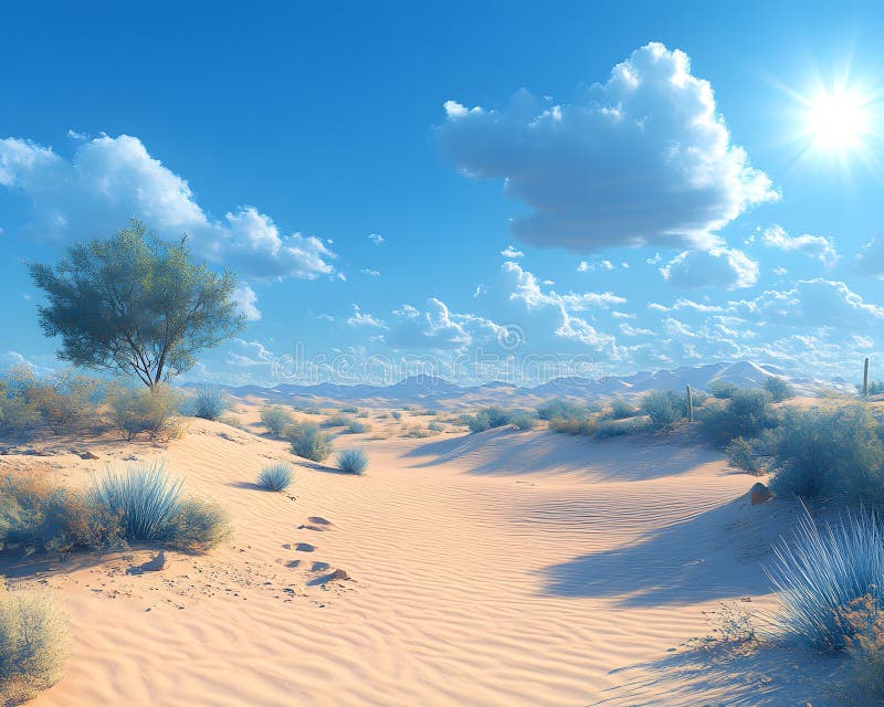 Serene Desert Landscape with Sand Dunes, Sparse Vegetation and Shadows ...