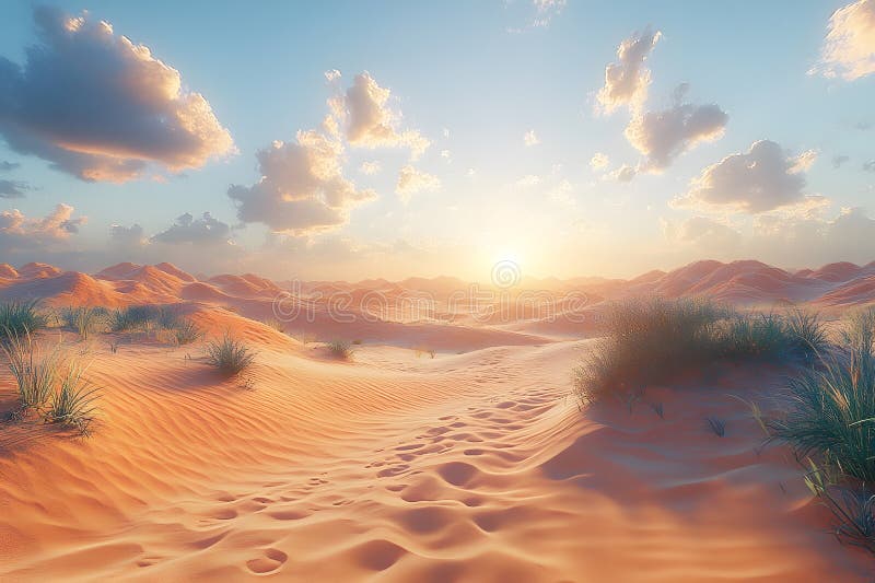 Serene Desert Landscape with Sand Dunes, Sparse Vegetation and Shadows ...