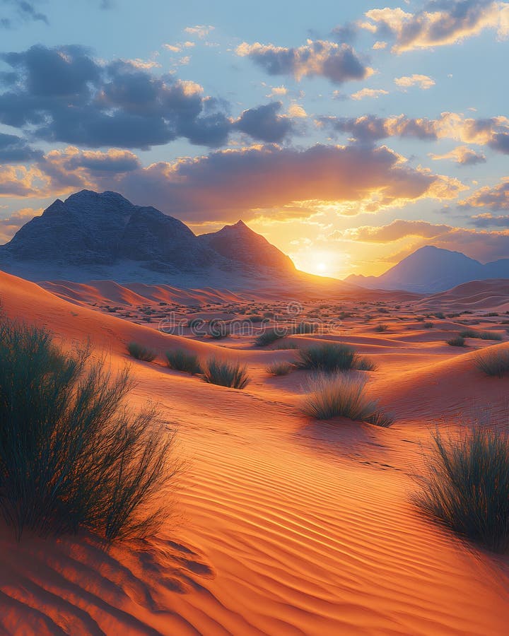 Serene Desert Landscape with Sand Dunes, Sparse Vegetation and Shadows ...