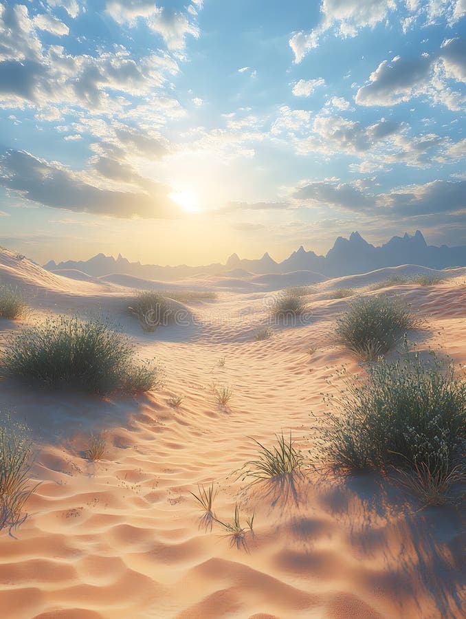 Serene Desert Landscape with Sand Dunes, Sparse Vegetation and Shadows ...