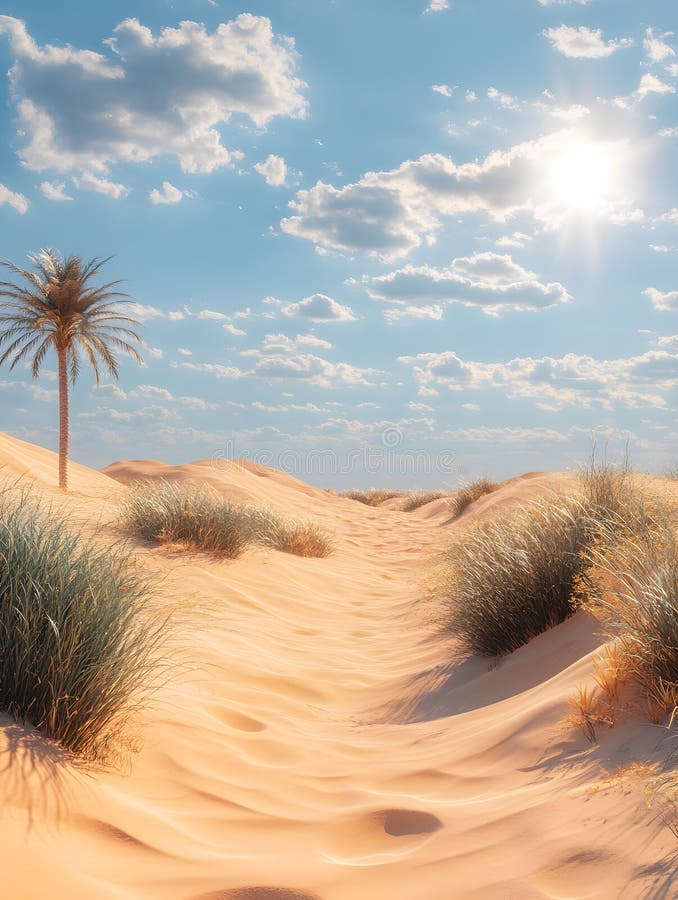 Serene Desert Landscape with Sand Dunes, Sparse Vegetation and Shadows ...