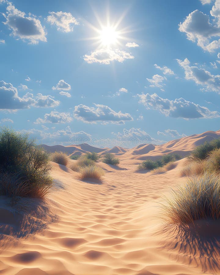 Serene Desert Landscape with Sand Dunes, Sparse Vegetation and Shadows ...