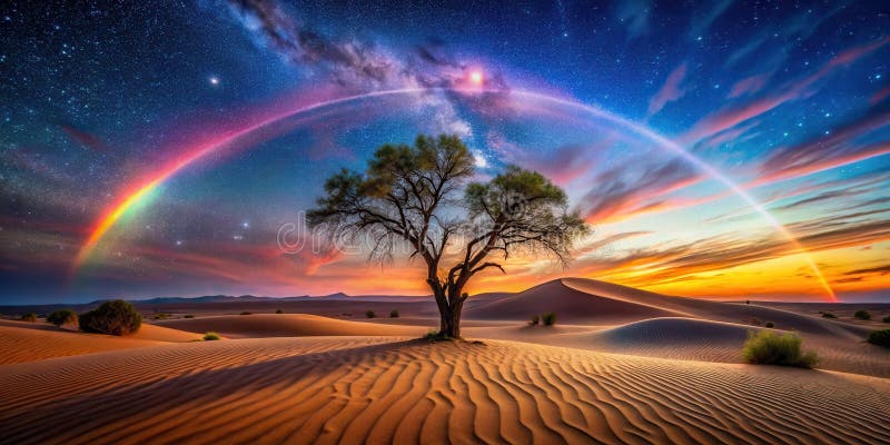 Serene Desert Landscape at Sunset with a Rainbow and Starry Night Sky ...