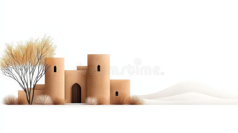 Serene Desert Landscape with Traditional Adobe Castle and Minimalist ...