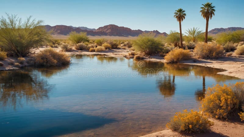 Serene Oasis: Desert Pond Reflecting Palm Trees and Mountains Stock ...