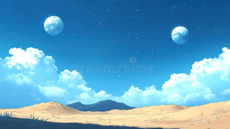 A Serene Desert Landscape Under a Starry Sky with Two Moons Stock ...