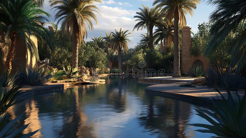 A Serene Desert Oasis with Palm Trees and a Reflective Pool. Stock Illustration - Illustration ...
