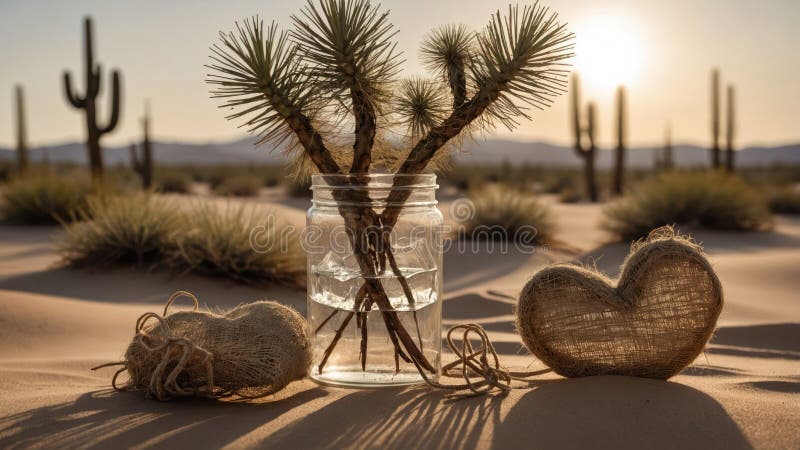 Romantic Desert Sunset: Yucca Plants, Heart, and Mason Jar Stock ...