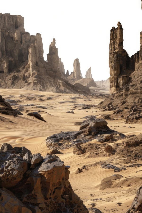 A Serene Desert Scene with Rugged Rocks and Sandy Terrain Stock Image ...