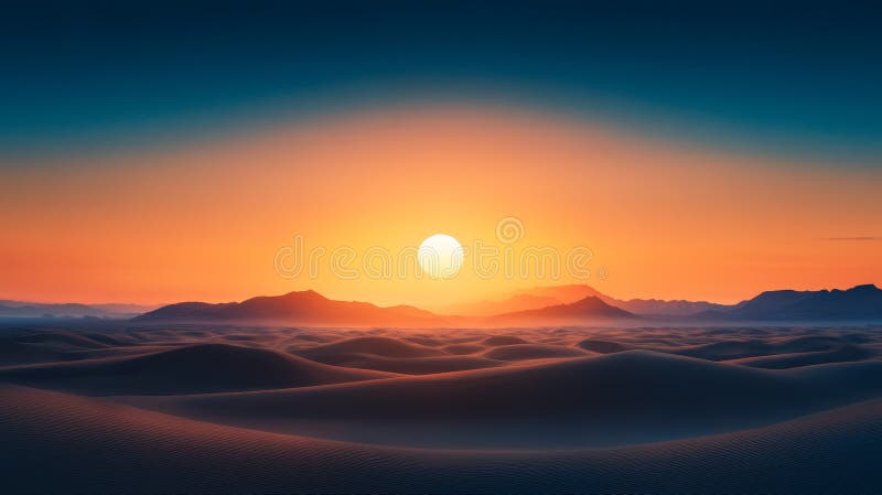 Serene Desert Sunset with Sand Dunes and Mountains Stock Illustration ...