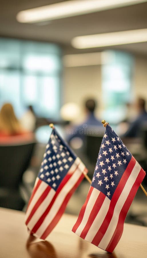 A Serene Desk Display of Two American Flags with Softly Blurred ...