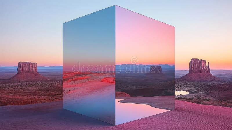 A Serene Digital Art Scene Featuring a Mirrored Cube Reflecting a ...