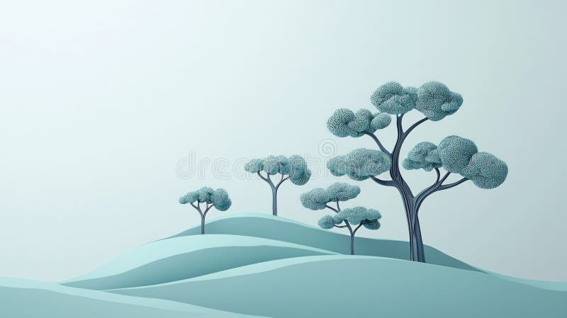 Serene Teal Landscape Minimalist Digital Art of Stylized Trees on ...