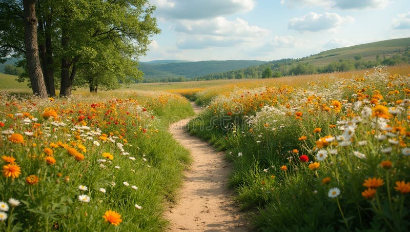 Serene Dirt Path through Colorful Wildflower Meadow with Birds Singing ...