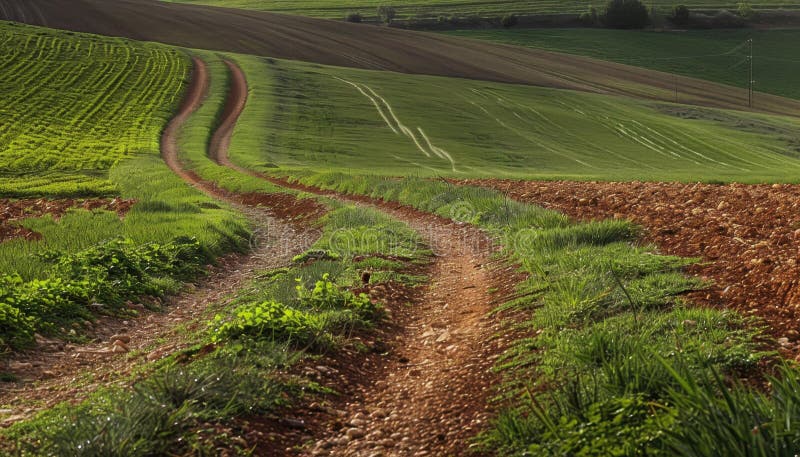 Serene Dirt Path Winding through Lush Green Fields at Sunset Stock ...