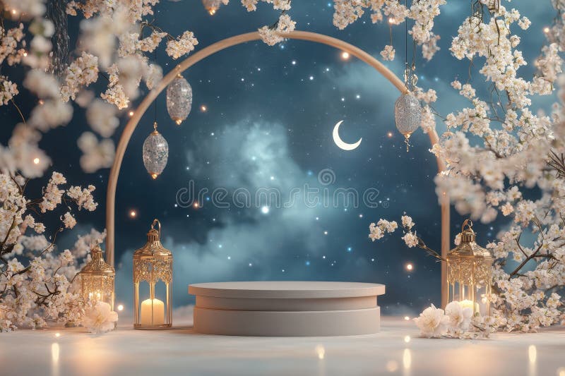 A Serene Display with Floral Decorations, Lanterns, and a Crescent Moon ...