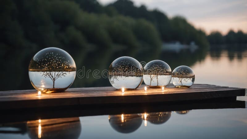 Serene Glass Globes with Tree Reflections at Sunset Stock Illustration ...