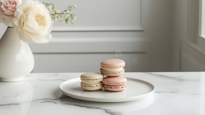 A Serene Display of Macarons on a Marble Table with a Floral ...