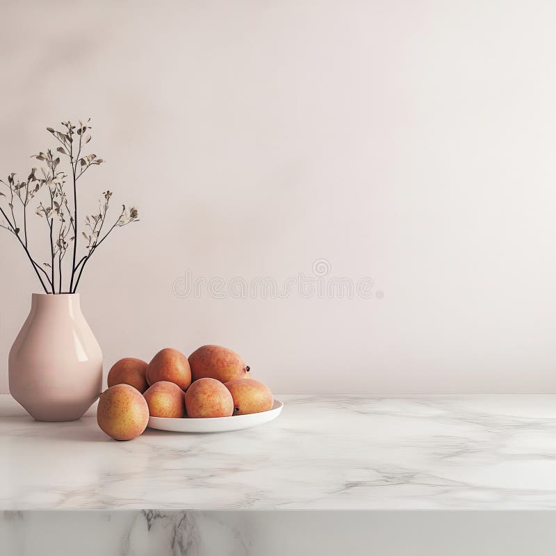 A Serene Display of Peaches and a Vase on a Marble Countertop Against a ...