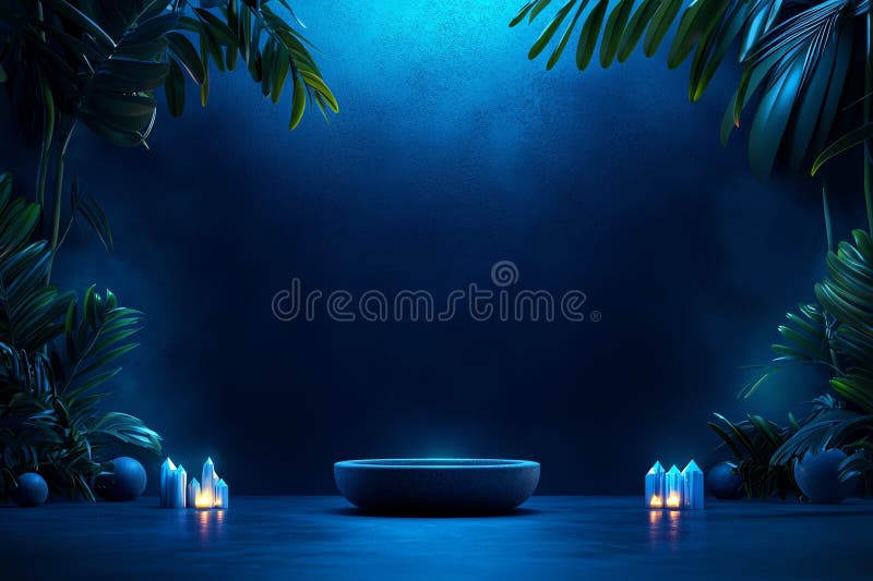 A Serene Display Scene with Candles and Foliage in Calming Blue ...