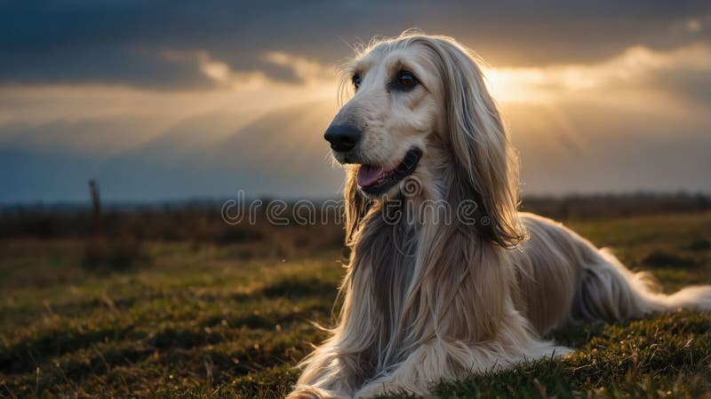 A Serene Dog Resting on Grass, Illuminated by a Dramatic Sunset ...