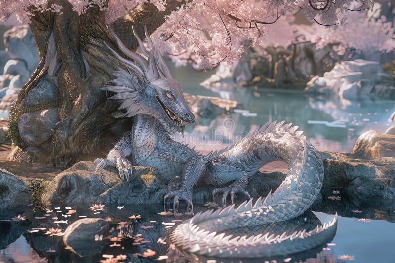 Serene Dragon Under Cherry Blossoms in a Tranquil Zen Garden Scene ...