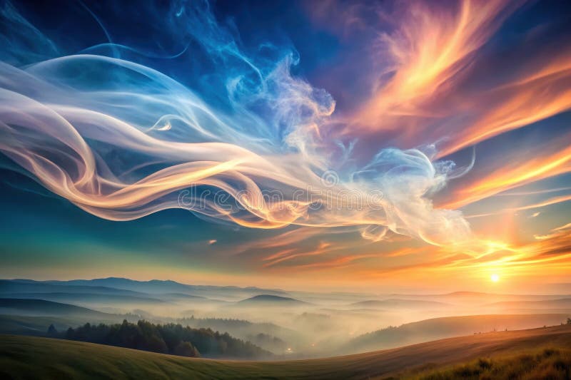 Serene Dreamscape Wispy Clouds Adorn a Misty Valley at Sunset ...