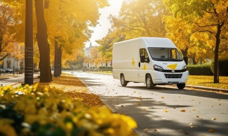 A Serene Drive on a Shaded Street with a White Van Stock Illustration ...