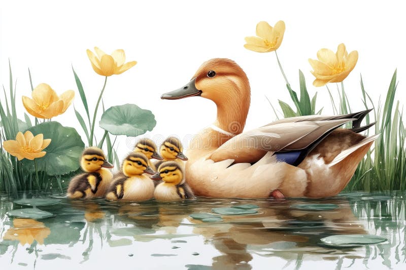 A Serene Duck and Its Chicks Gracefully Swim in a Tranquil Pon Stock ...