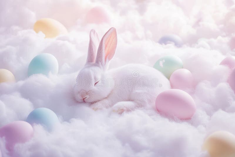 A Serene Easter Bunny Sleeping on a Bed of Fluffy White Clouds, with Pastel-colored Easter Eggs ...