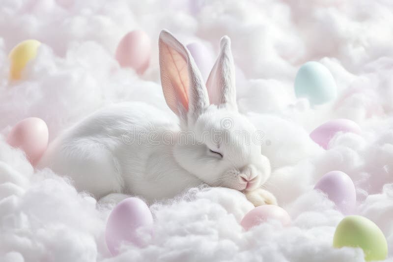 A Serene Easter Bunny Sleeping on a Bed of Fluffy White Clouds, with Pastel-colored Easter Eggs ...