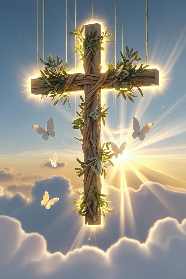 Serene Easter Composition: Wooden Cross with Olive Tree, White ...