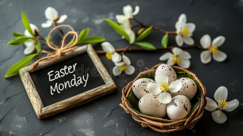 Serene Easter Monday Display with Speckled Eggs, Fresh Blooms, and ...
