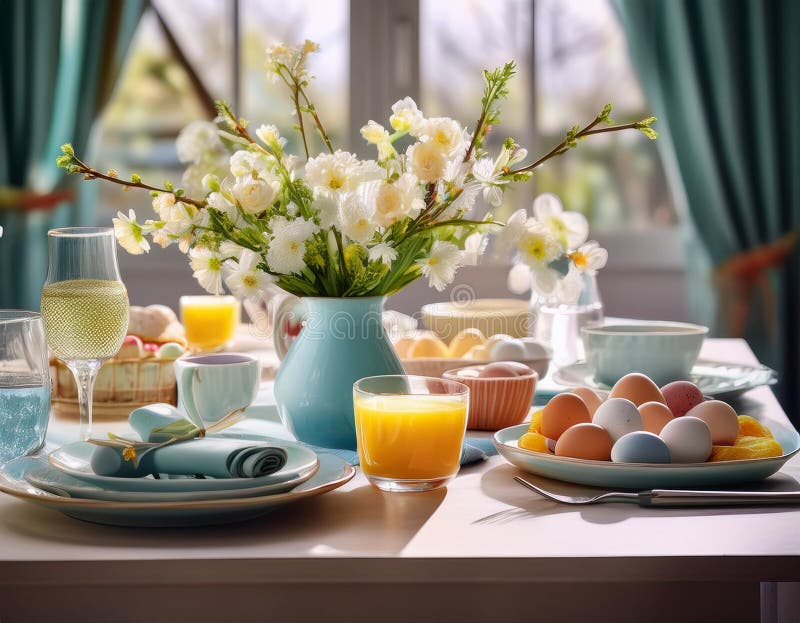 A Serene Easter Morning Breakfast Setting with a Vase of Fresh Cut ...