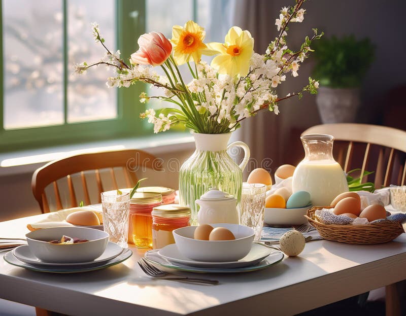A Serene Easter Morning Breakfast Setting with a Vase of Fresh Cut ...