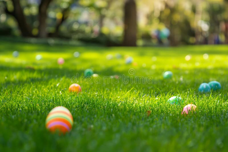 Serene Easter Morning with Decorative Eggs on Dewy Lawn. Bright Design ...