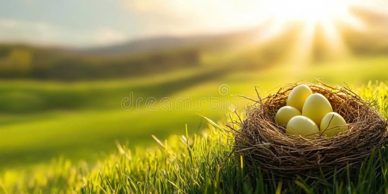 A Serene Easter Scene Featuring a Nest with Pastel-colored Eggs Basking ...