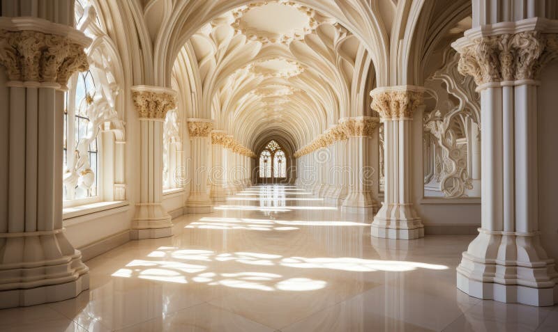 Serene Elegance of White Classical Architecture with Arches and Columns ...