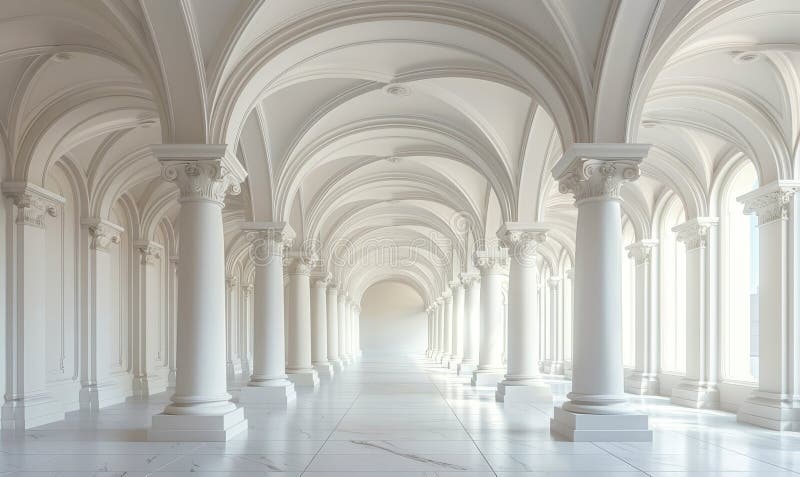 Serene Elegance of White Classical Architecture with Arches and Columns ...