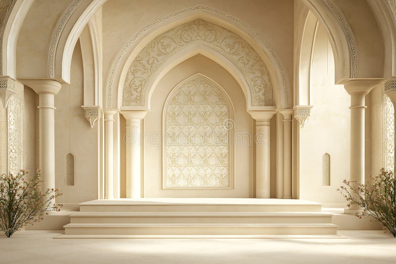 Elegant Cream Palace Interior with Ornate Archways, Steps, and Floral ...
